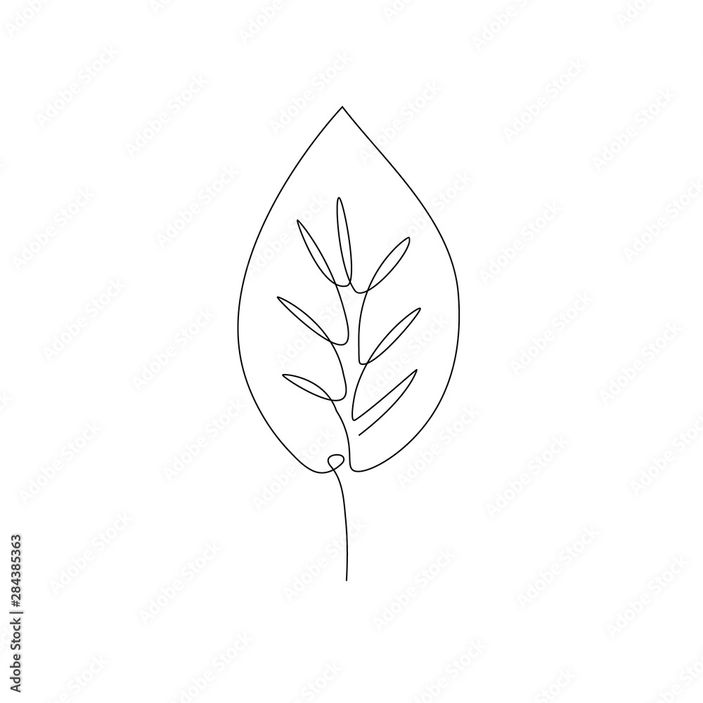 leaf one line drawing. Continuous line. Hand-drawn minimalist ...