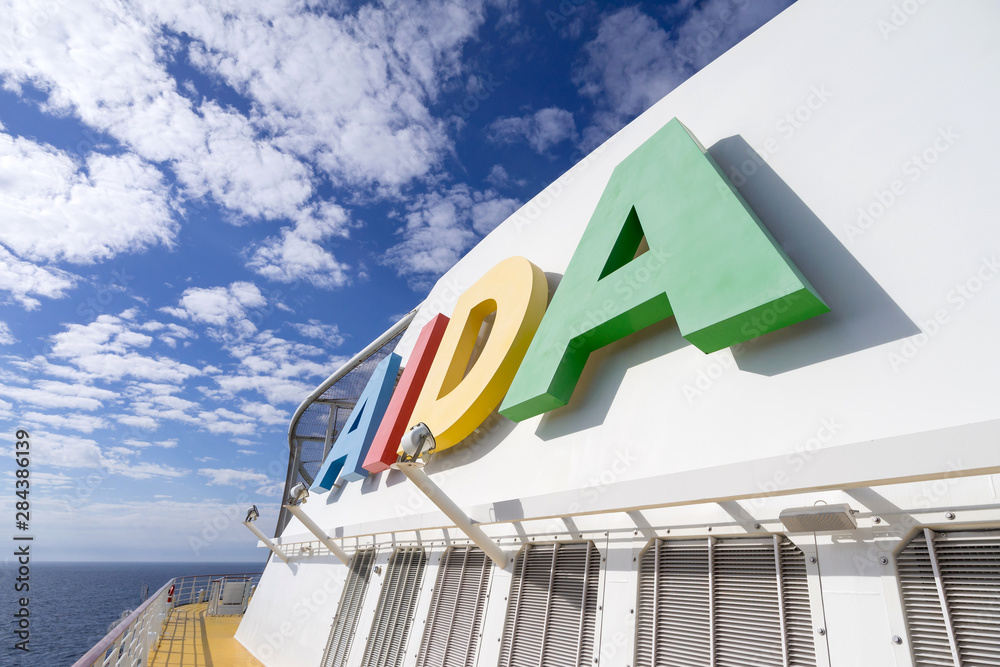 NORTH SEA - June 5, 2017: AIDA logo at the funnel of cruise ship ...