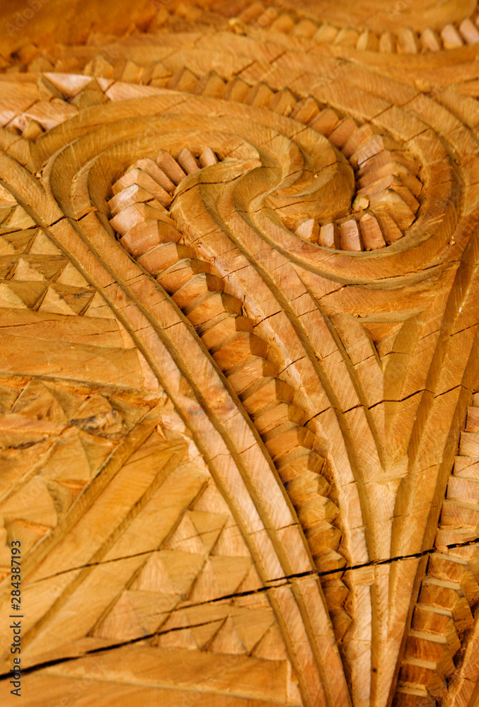 New Zealand, Rotorua. Close-up of Maori wood carving patterns. Stock ...