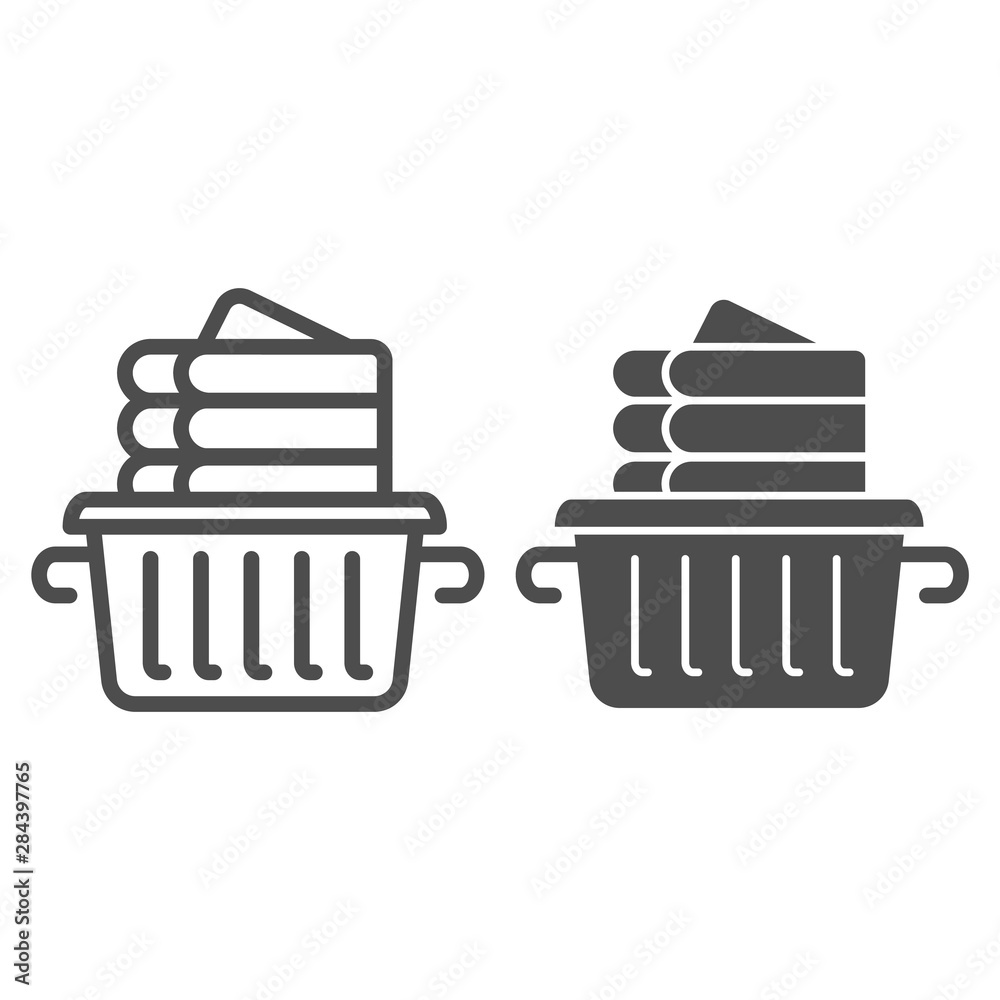Folded linen line and glyph icon. Laundry clothes in basket vector ...