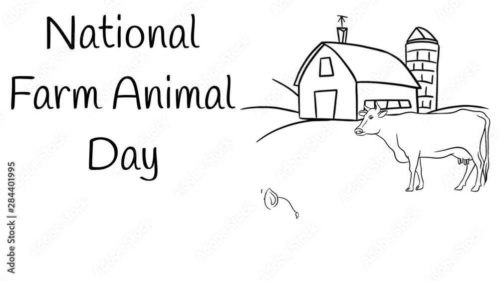 National Farm Animal Day illustrated on white with barn and animals ...