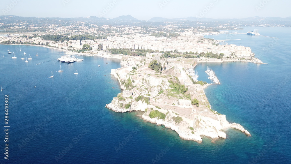 Aerial drone bird's eye view photo of iconic capital of Corfu island or ...