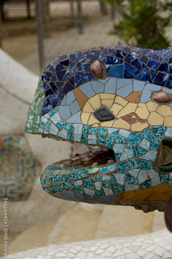 Spain, Catalonia, Barcelona. Gaudi's Parc Guell. Gaudi's iconic dragon ...