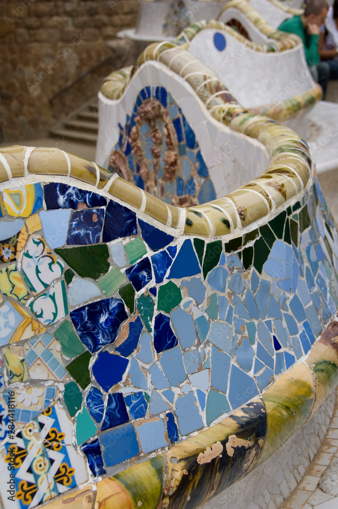 Spain, Catalonia, Barcelona. Gaudi's Parc Guell. Bench detail of ...