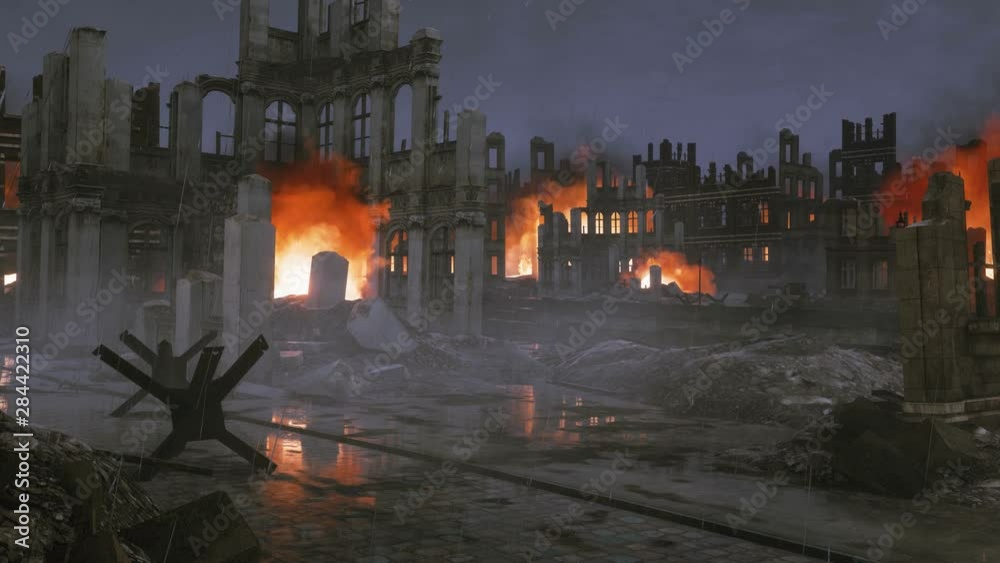Bombed european city in ruins after the World War 2 with destroyed ...