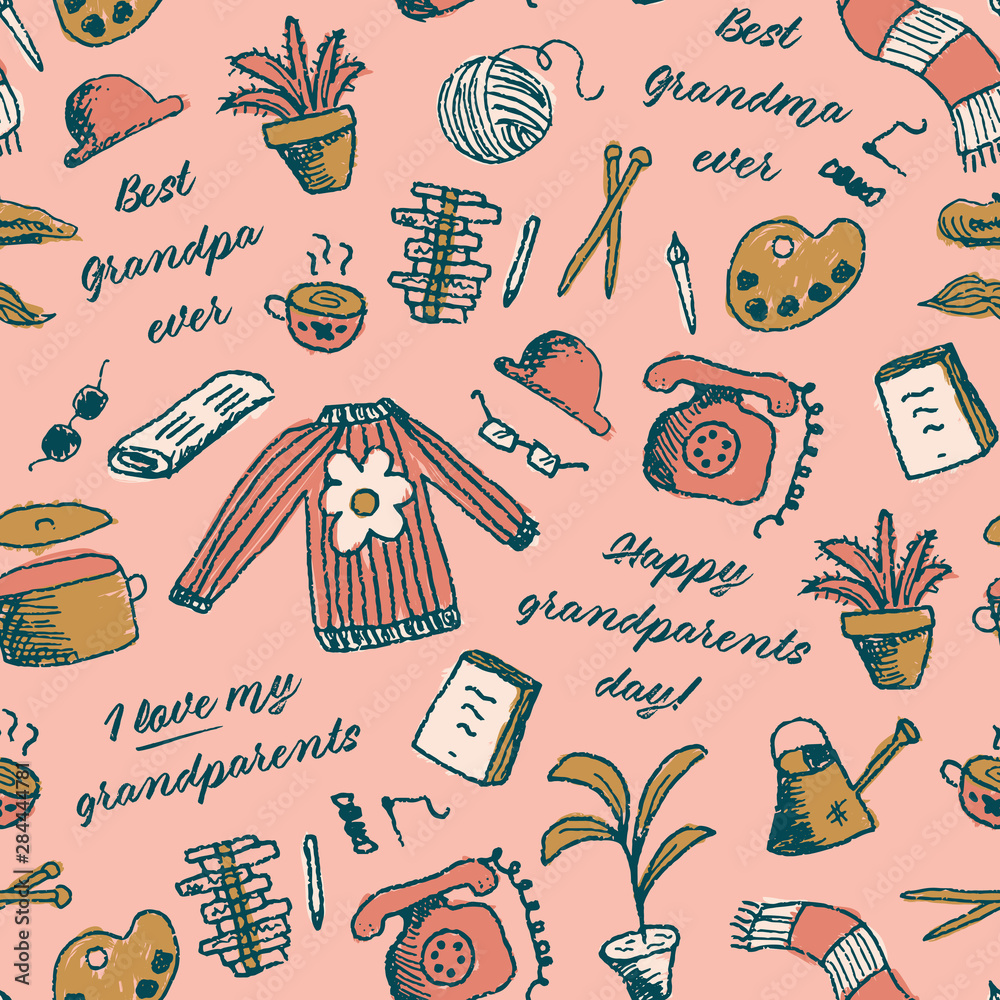 Grandparents Day seamless repeat pattern. Cute handmade doodle ...
