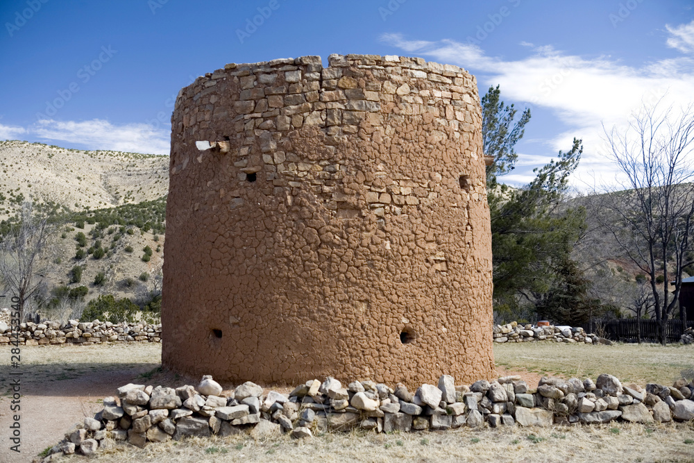USA, New Mexico, Lincoln. Tower called the Torreon, built to protect ...