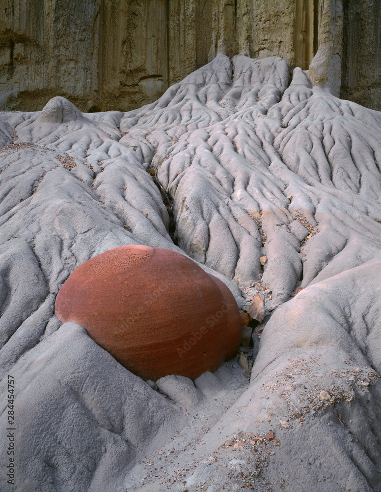 USA, North Dakota, Theodore Roosevelt National Park, An erosion ...