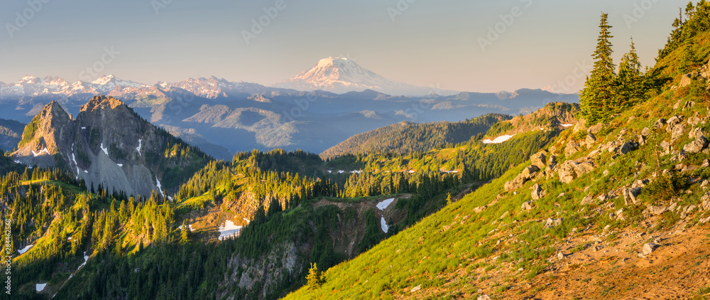 USA. Washington State. Panorama of Mt. Adams, Goat Rocks and Double ...