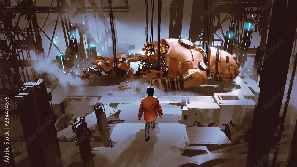 the boy walking to the broken giant robot which is being repaired in ...