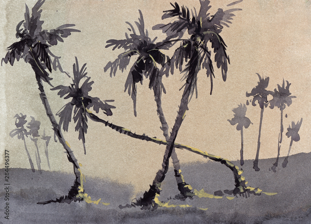 coconut trees watercolor hand painted illustration Stock Illustration ...