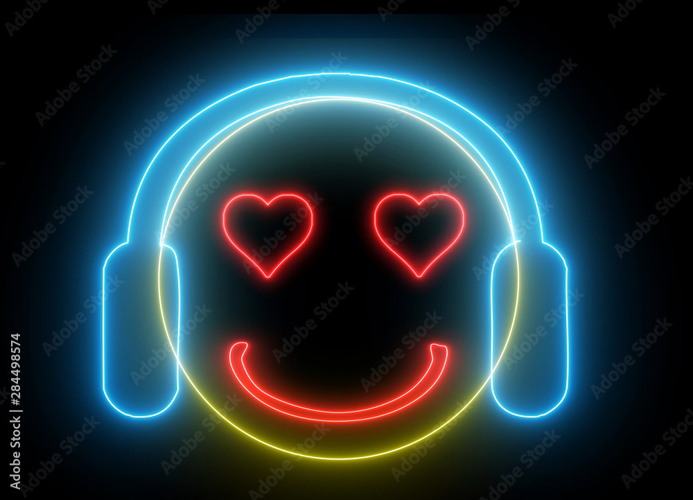 Neon smiley face with headphone. Gamer, DJ emoji, playing game or ...