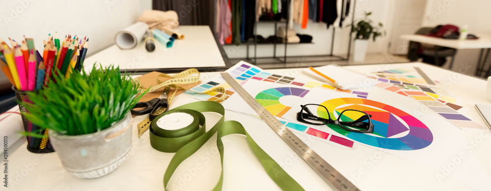 Fashion designer workplace background, panorama, shallow depth Stock ...