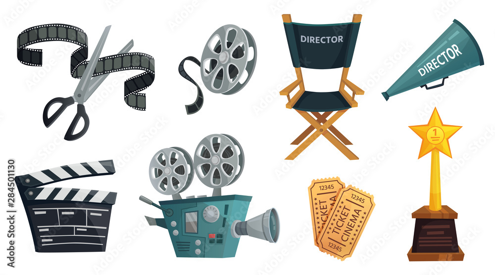 Cartoon cinema video camera, movie clapper board and directors ...