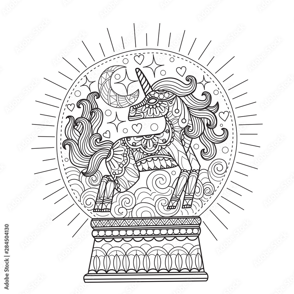 Hand drawn sketch illustration of unicorn in snow globe for adult ...