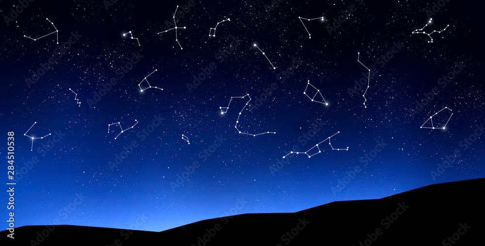 Zodiac signs on clear night sky above mountains Stock Illustration ...