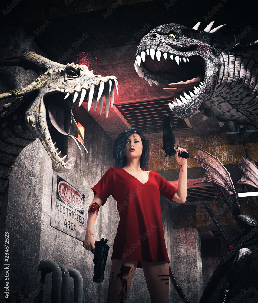 Survivor's girl with pistols fighting with monster in restricted area ...
