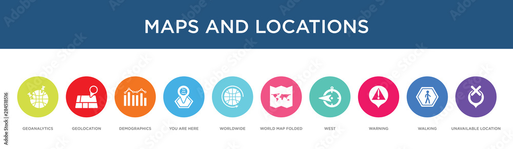 maps and locations concept 10 colorful icons vector de Stock | Adobe Stock