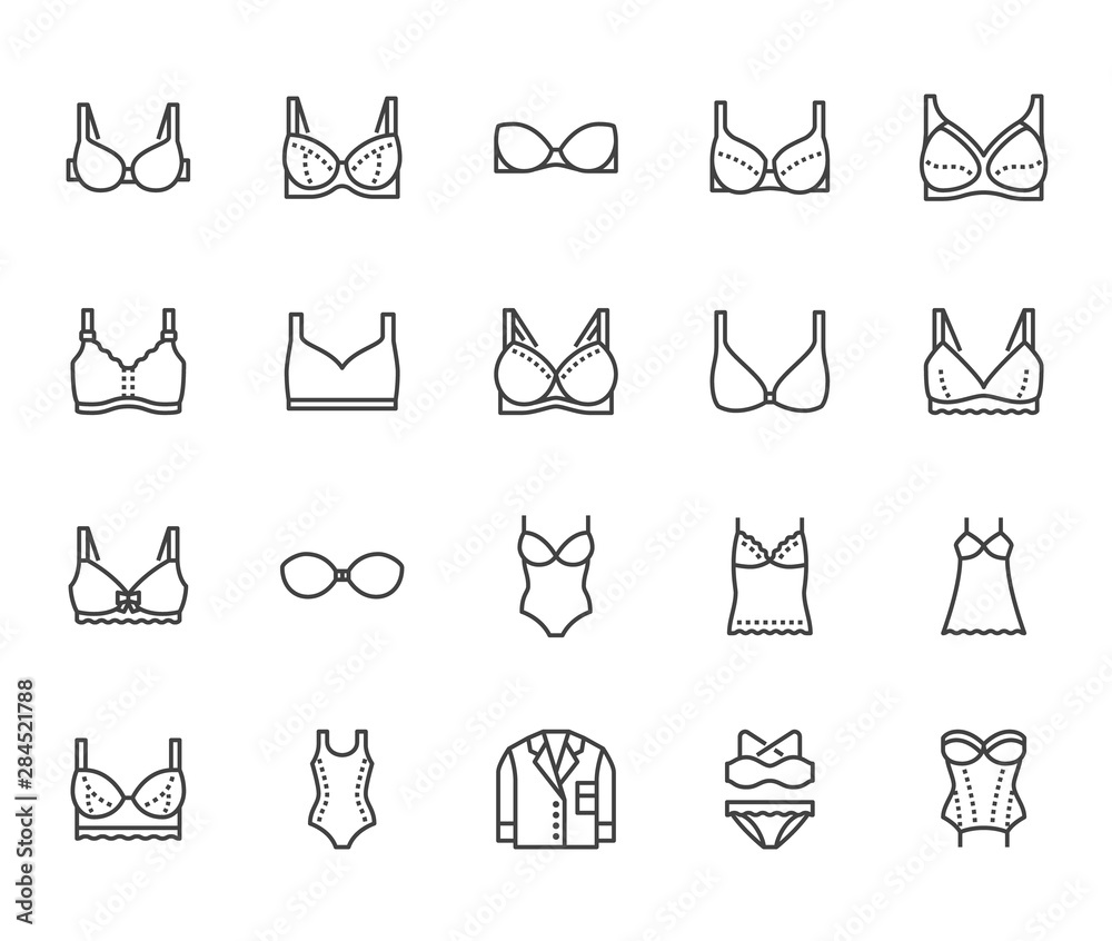 Lingerie flat line icons set. Bras types, woman underwear, maternity ...