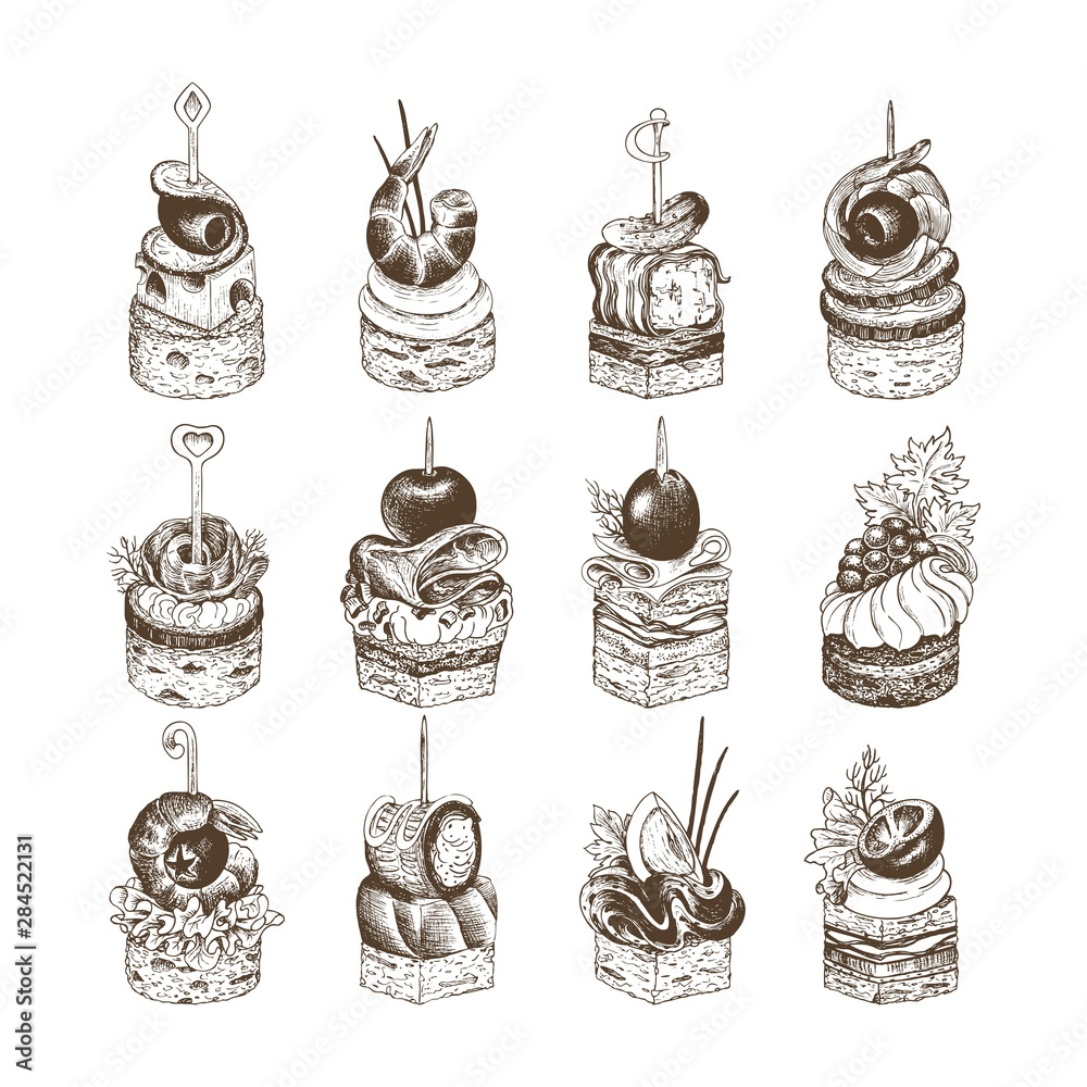 Canape set, hand-drawn vector illustration. Template for your design ...