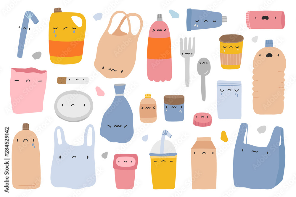 ภาพประกอบสต็อก Big Cute collection of Plastic Objects in a naive ...