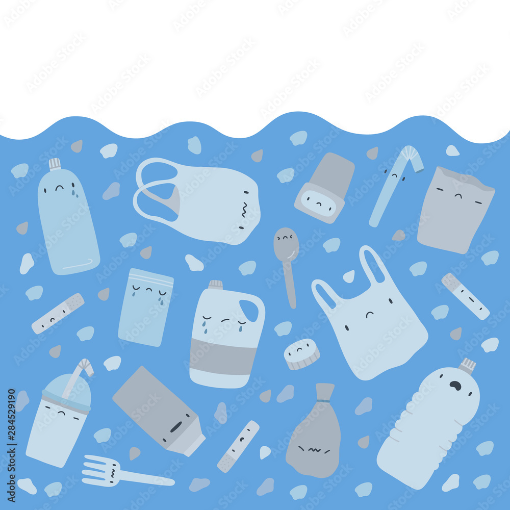 Plastic objects in the Ocean - vector illustration. Sea pollution ...