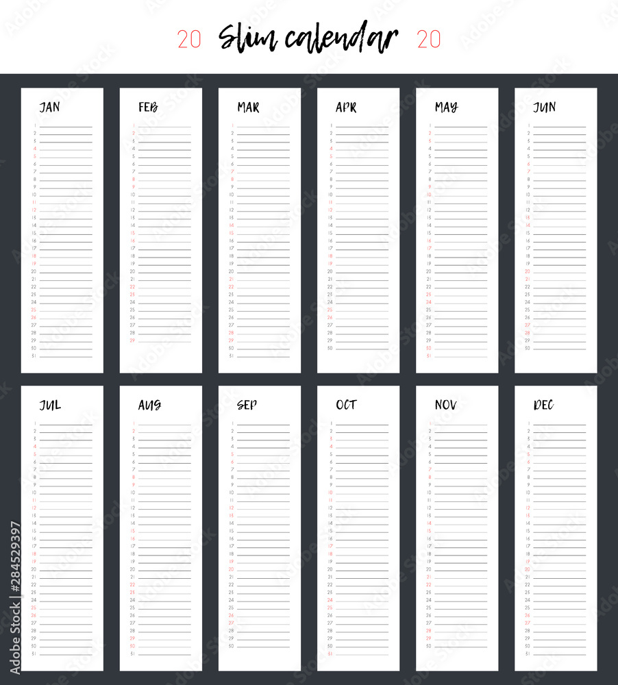 Vector Calendar 2020 design. Printable template - Slim Calendar year ...