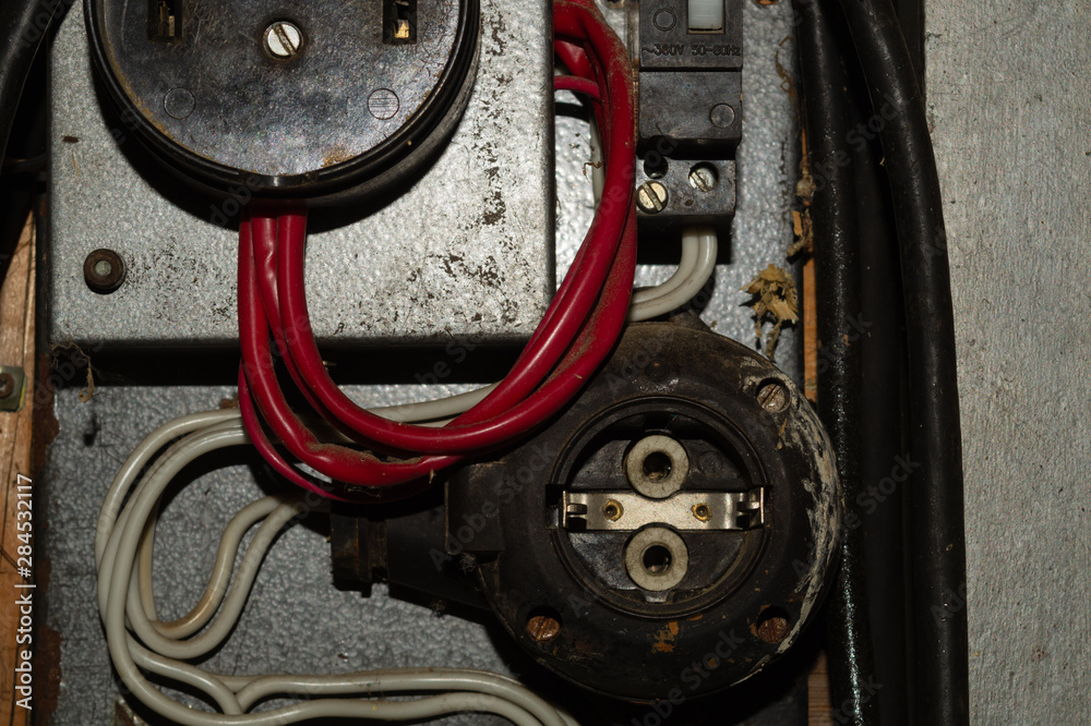 Old power socket in a electric power supply box Stock Photo | Adobe Stock
