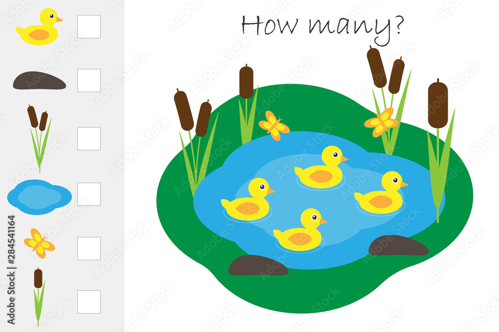 How many counting game, pond with ducks for kids, educational maths ...