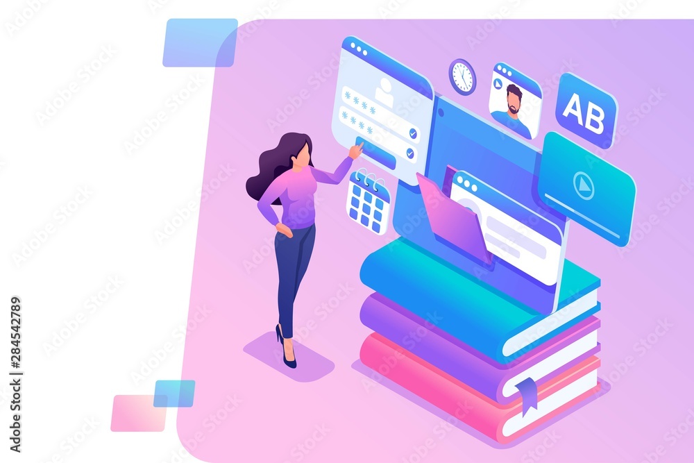 Isometric concept young girl uses the tablet for online learning ...