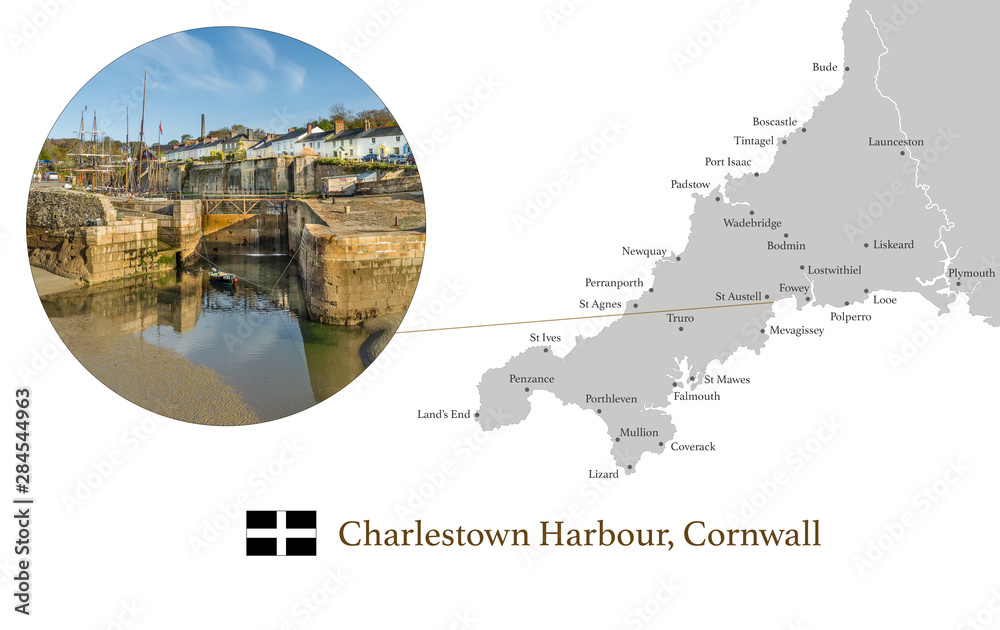 Map of Cornwall, featuring photographic image of Charlestown Harbour ...