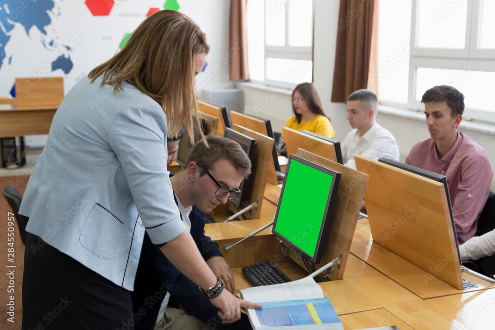 Female attractive professor explain lesson to students and interact ...