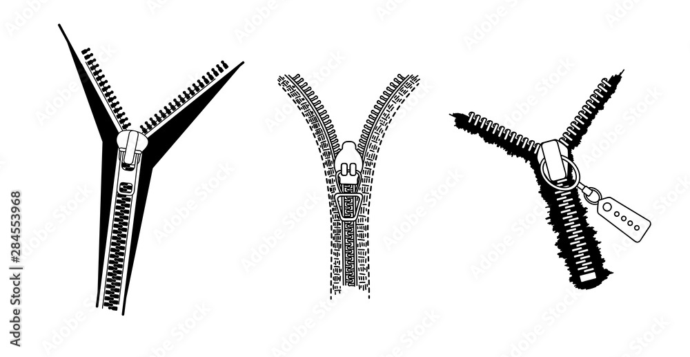 Vector icons open zipper, clasp. Lightning. Zipper sketch engraving ...
