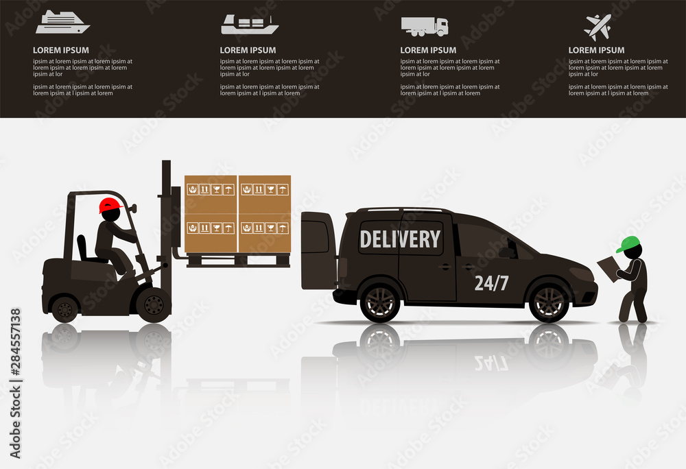 Web icons of people with infographics. Workers load boxes in the car ...