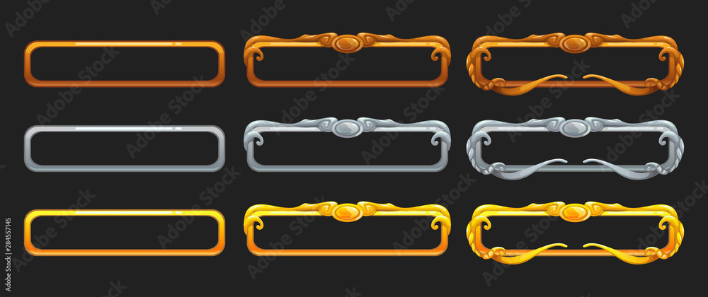 Metallic title banners set for epic game design. Golden, silver and ...