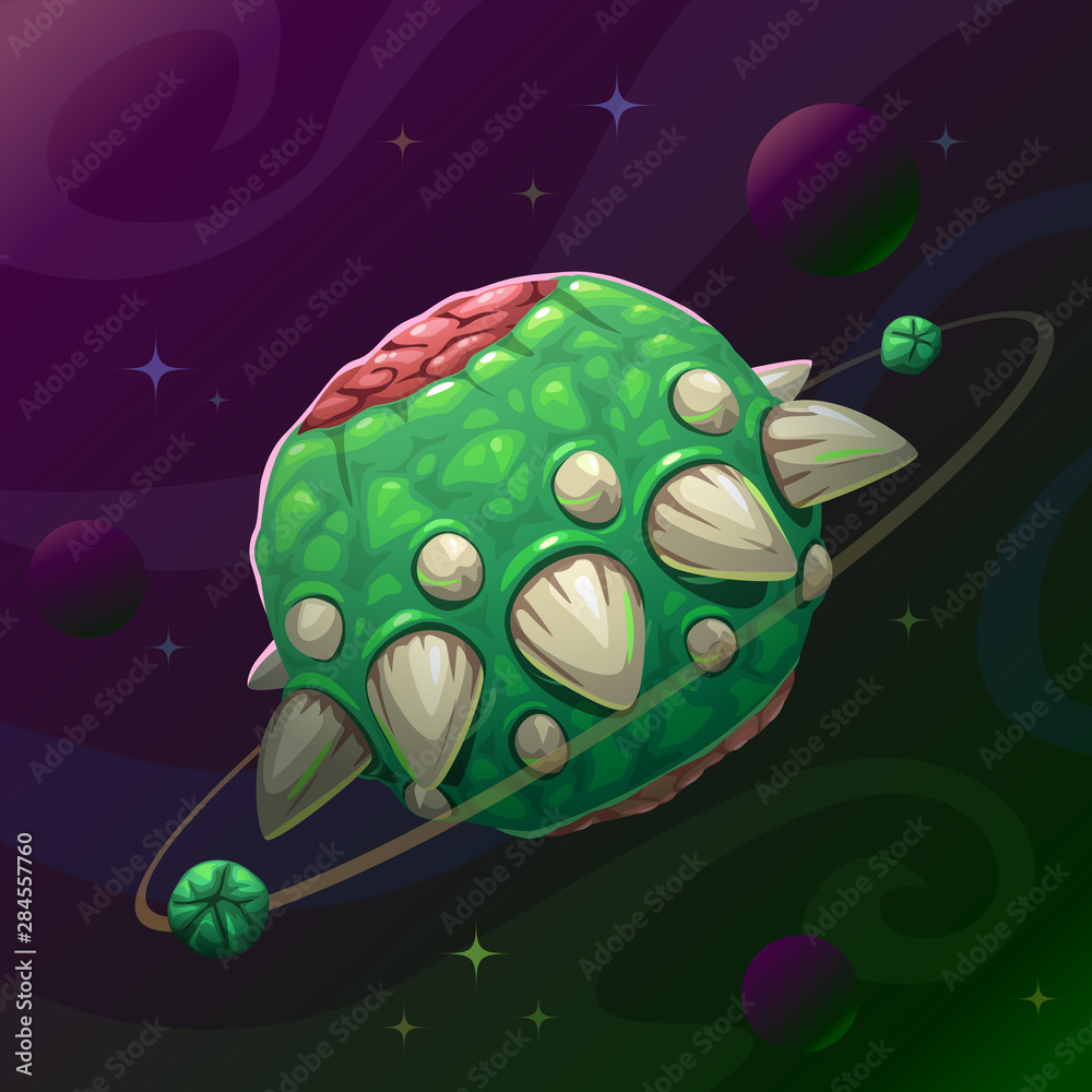Cartoon creepy monster planet with spikes and jaws on the dark space ...