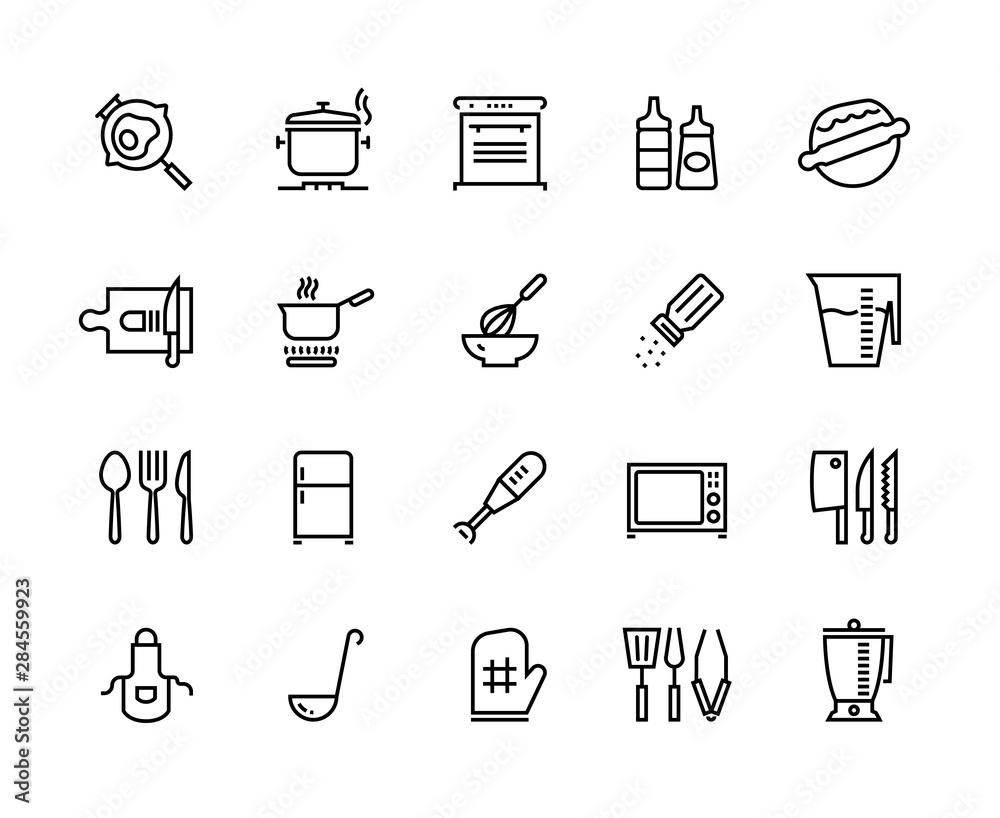 Kitchen line icons. Food cooking processes and kitchen utensils ...