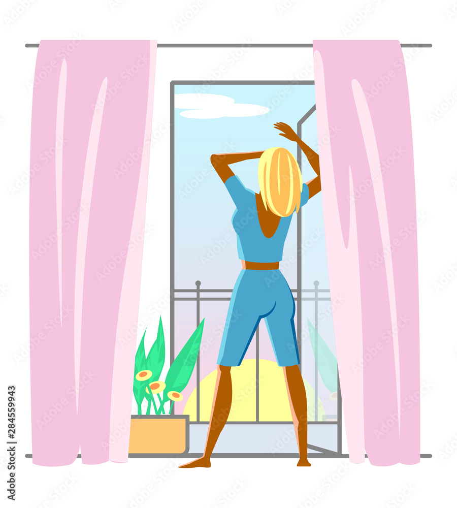 Color graphic drawing of character of girl standing at an open window ...