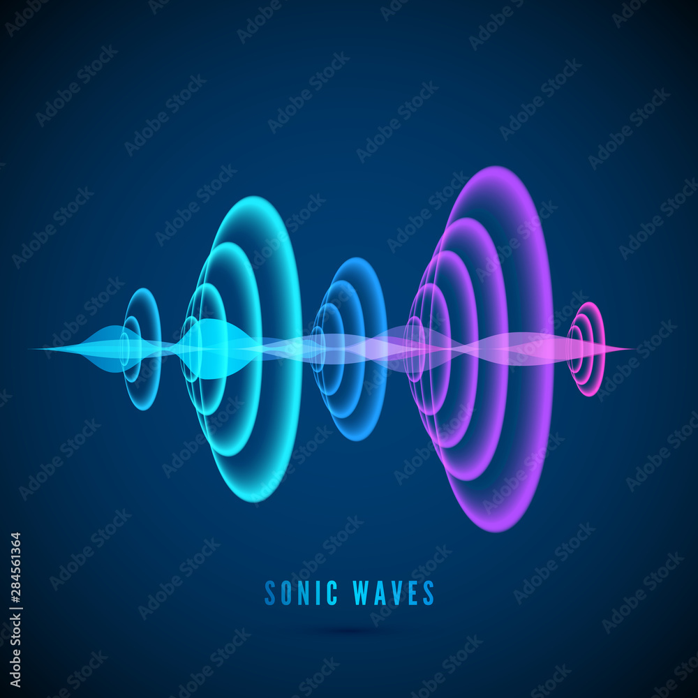 Color abstract digital sound wave. Sine wave on dark background. Radial ...
