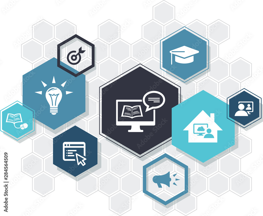 e-learning icon concept: blended learning, webinar, technology support ...