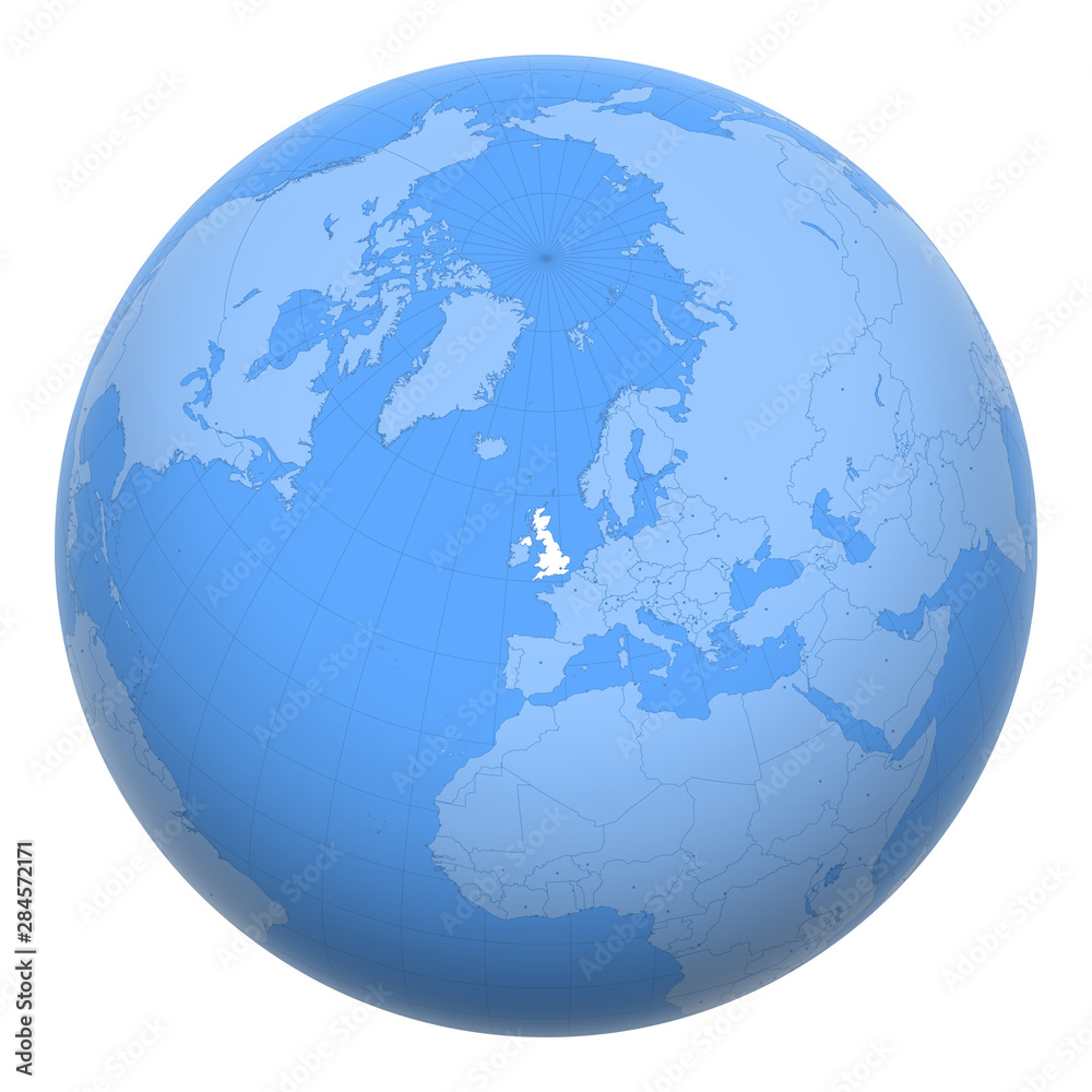 United Kingdom (UK) on the globe. Earth centered at the location of The ...