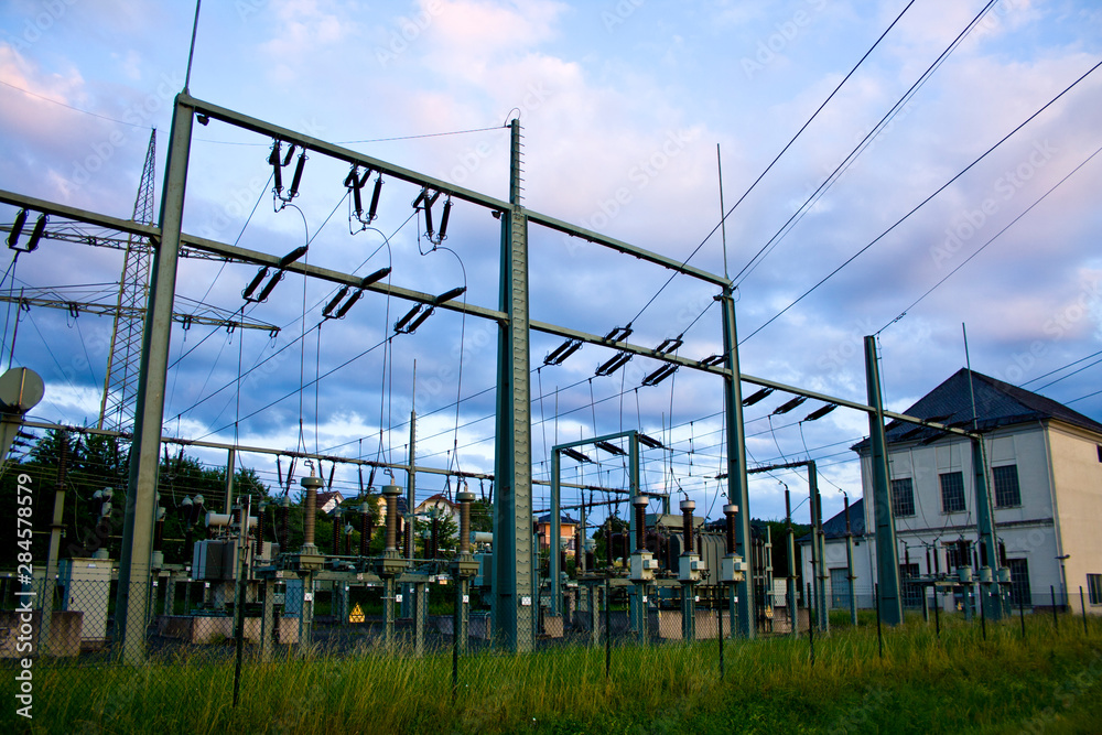High-voltage power lines. Electricity distribution station. high ...