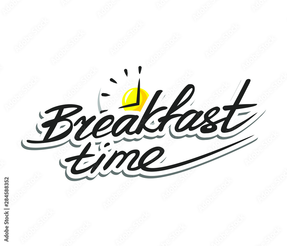 Lettering breakfast time with the symbol of fried eggs and clocks Stock ...