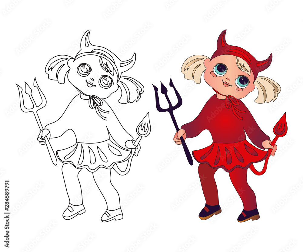 Cute doll or little girl in Halloween evil costume the children ...