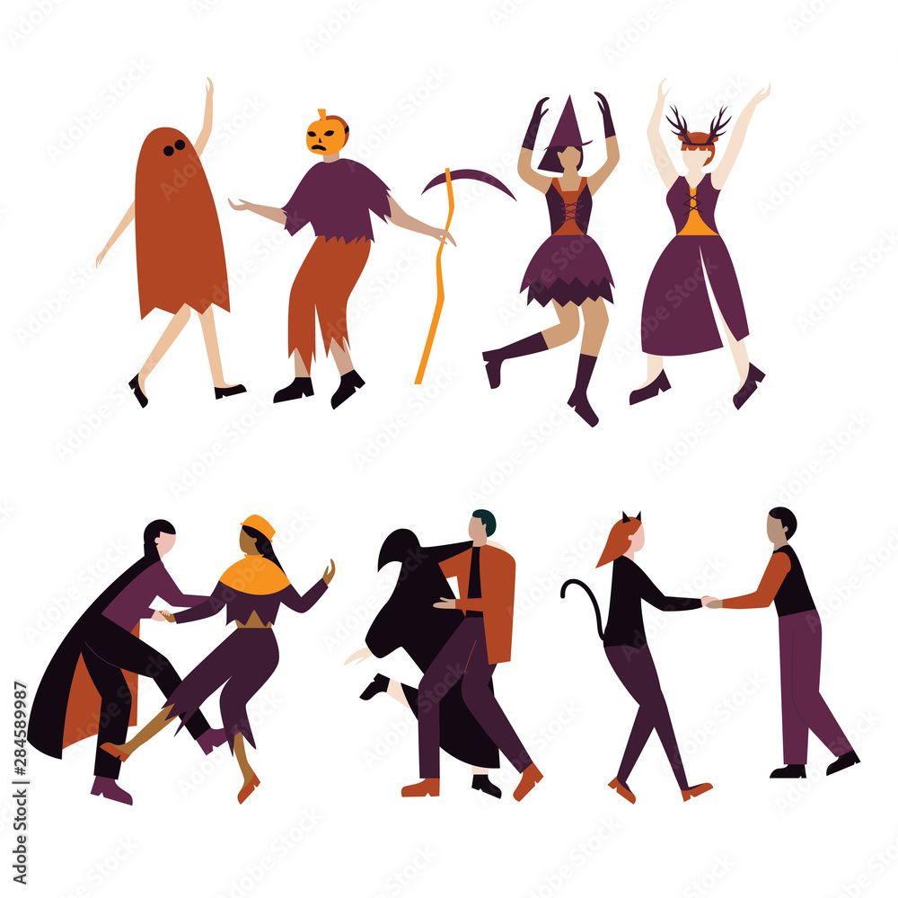 Couples of cartoon characters having fun dancing at Halloween party ...