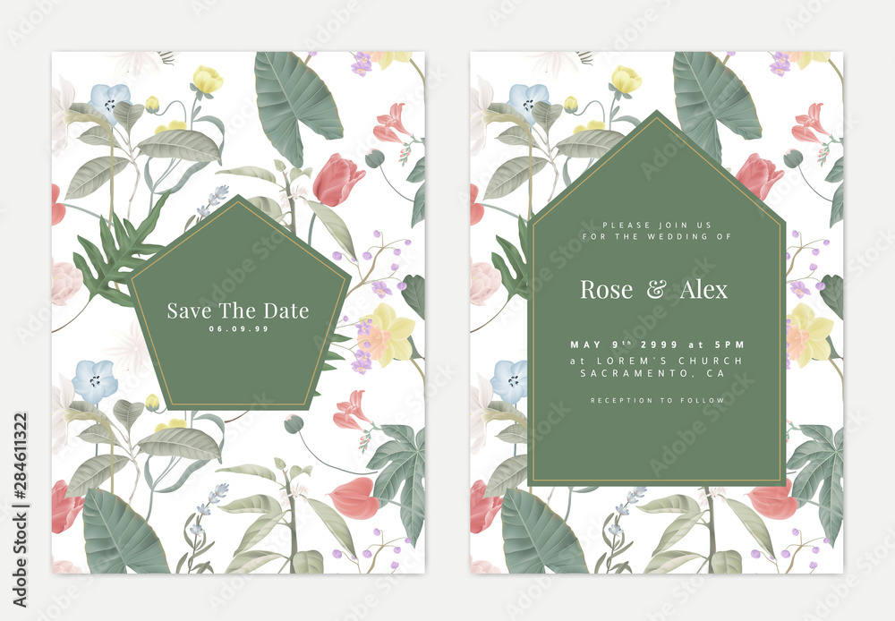 Botanical wedding invitation card template design, various flowers and ...