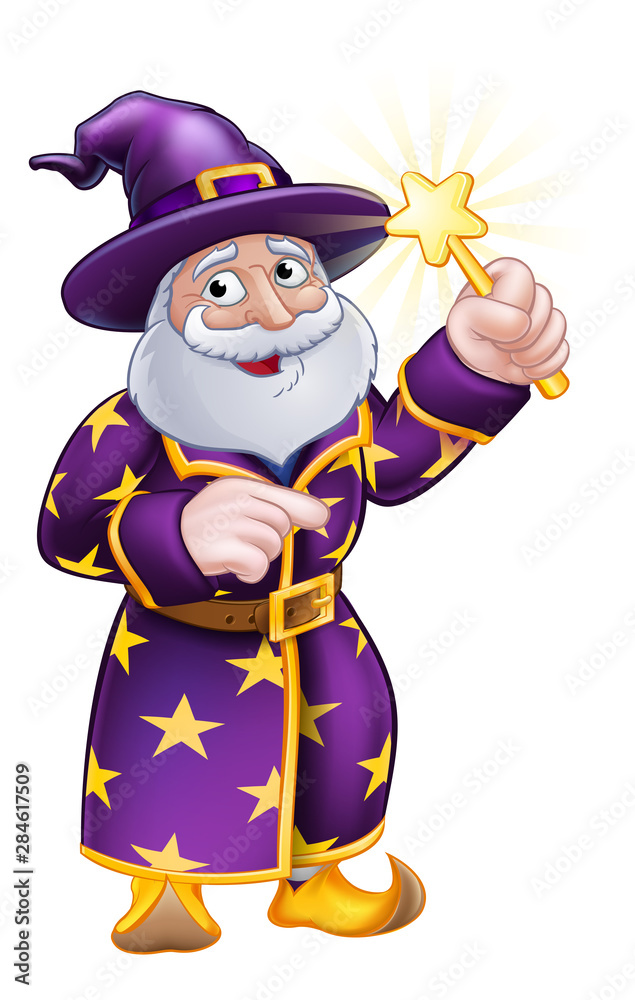 A cute wizard cartoon character pointing and waving with magic wand ...