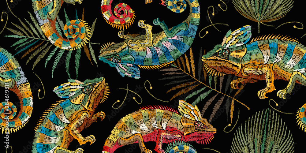 Embroidery color chameleons and palm leaves horizontal seamless pattern ...