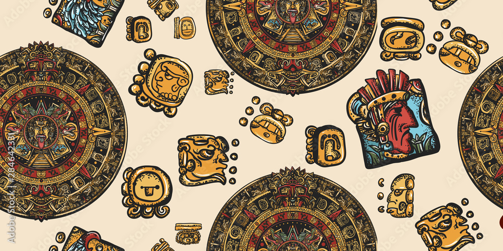 Aztec sun stone and mayan glyphs seamless pattern. Ancient Maya ...