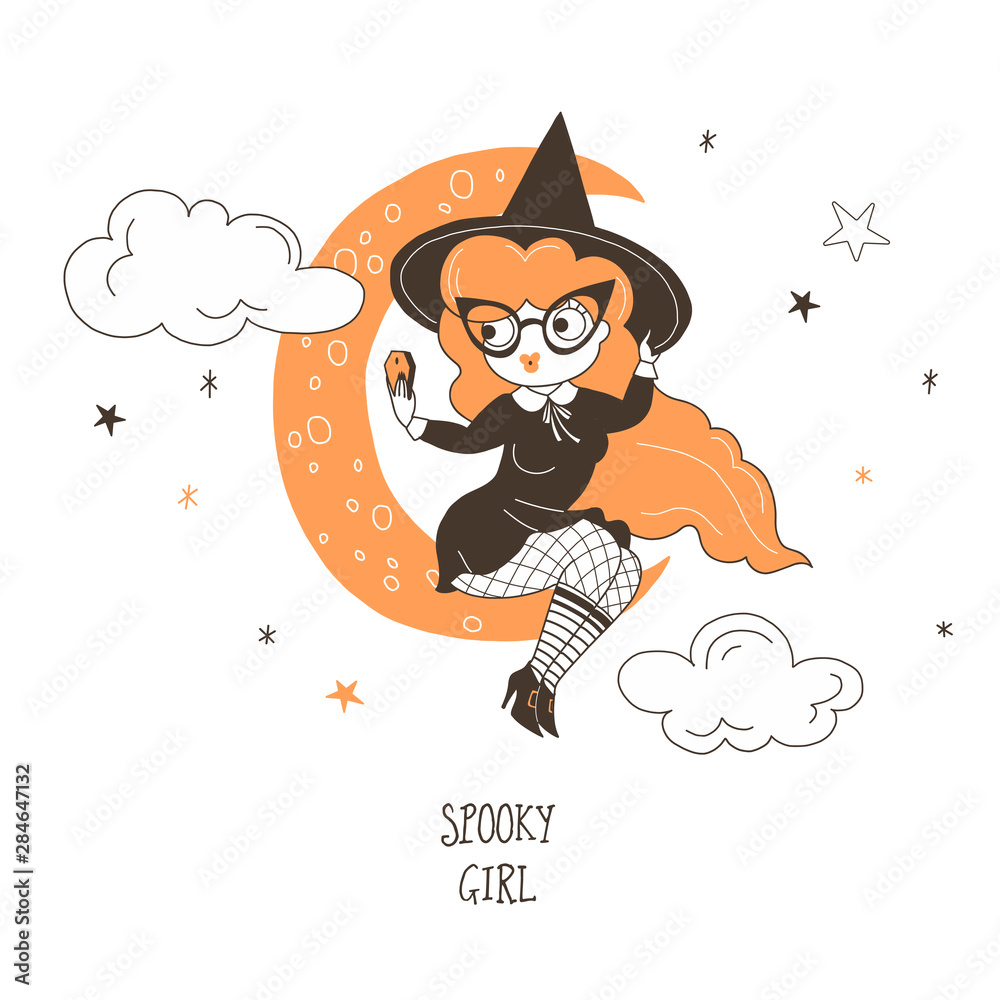 Witch sitting on moon flat vector illustration. Spooky girl taking ...